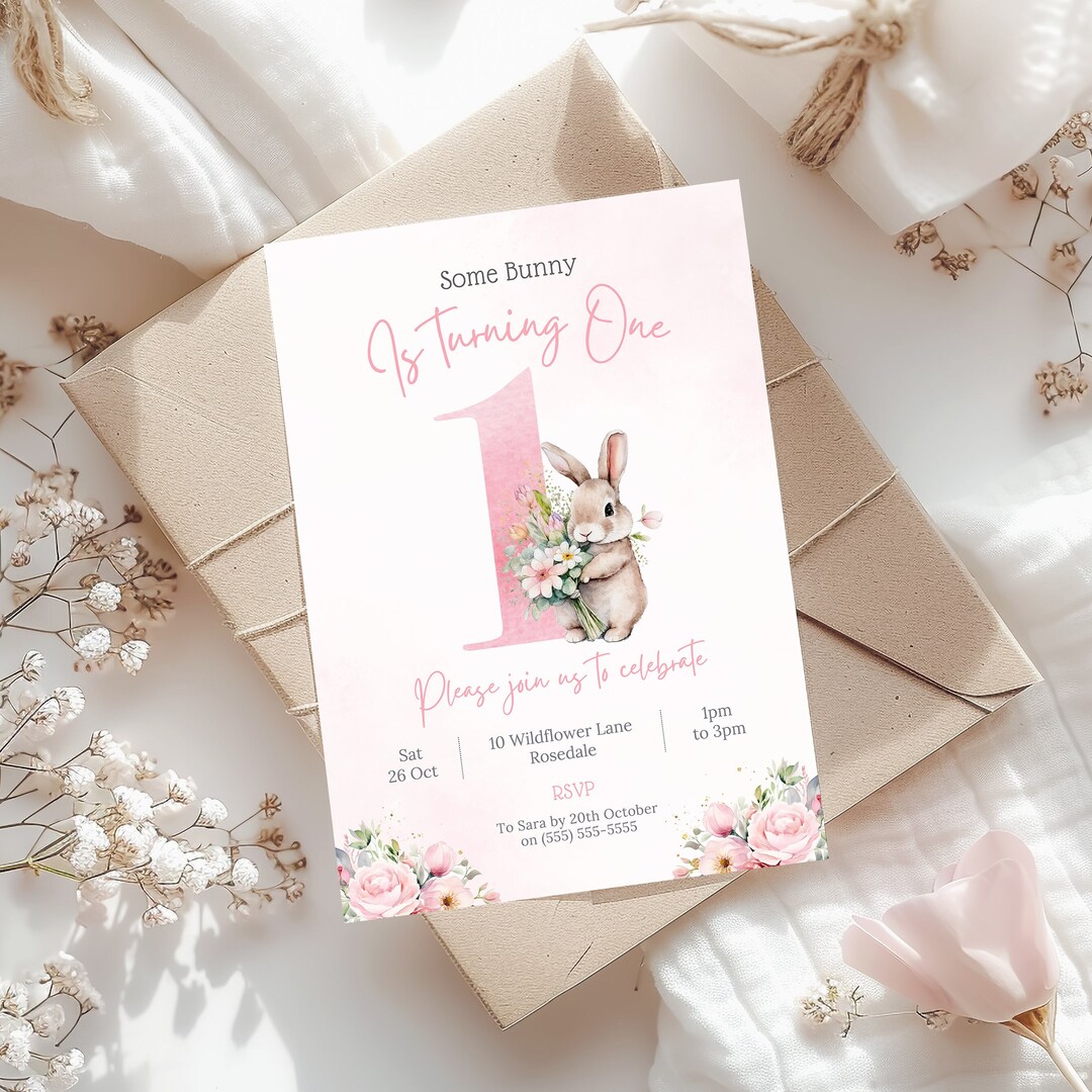 Some Bunny is Turning One Invite | Pink Girl First Birthday Invitation ...