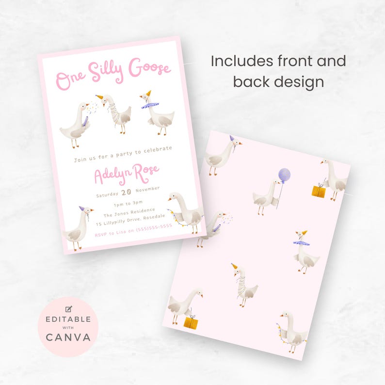 One Silly Goose Birthday Invite | Pink Girl 1st Birthday Invitation ...