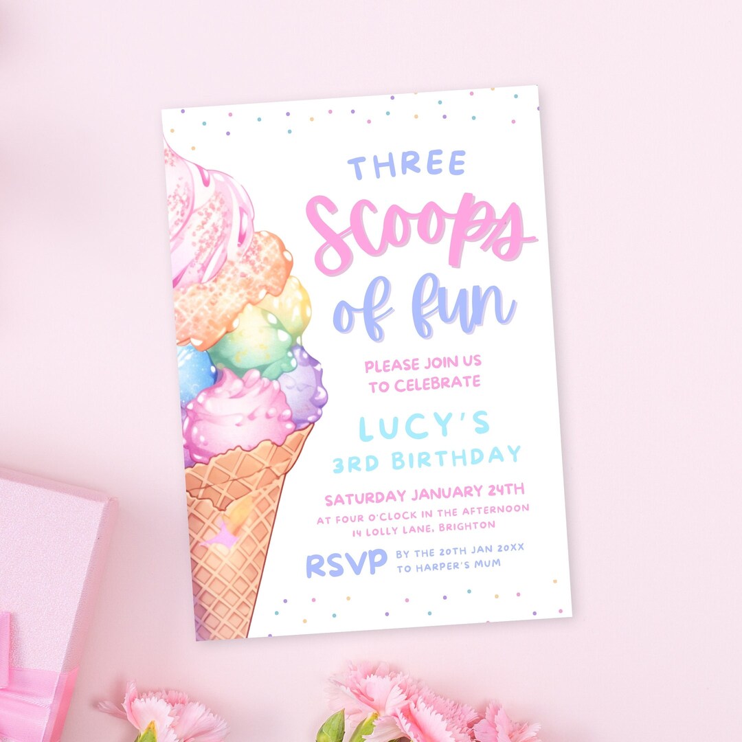 Three Scoops of Fun Birthday Invitation| Ice Cream Birthday Invite ...
