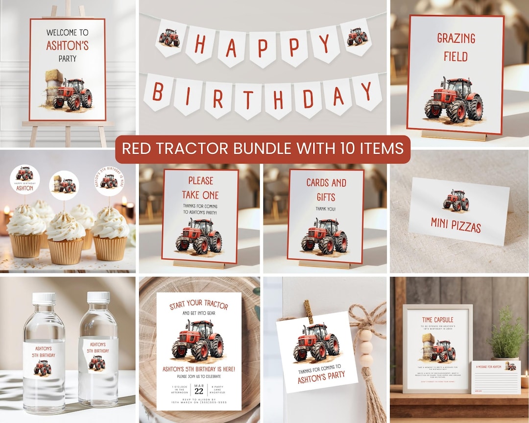Red Tractor Birthday Bundle | Boy Birthday Decorations | Editable ...