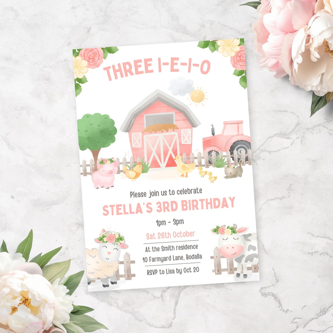 Three I E I O Birthday Party Invitation | Girl 3rd Birthday Party ...