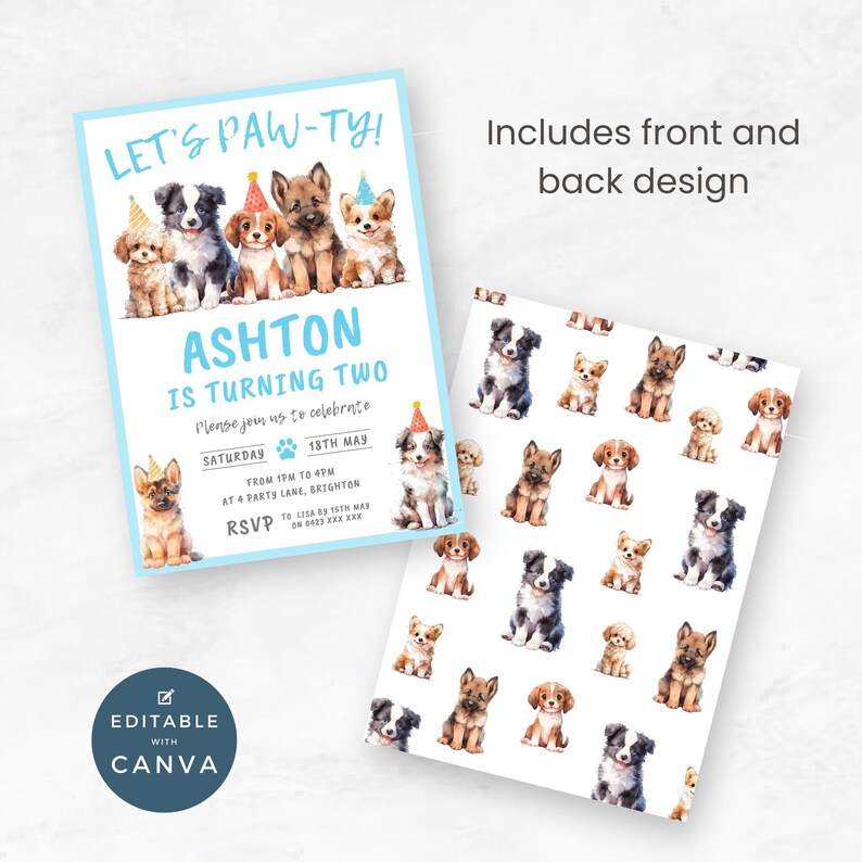 Dog Birthday Invitation | Canva Template | Boys Puppy Theme Party ...