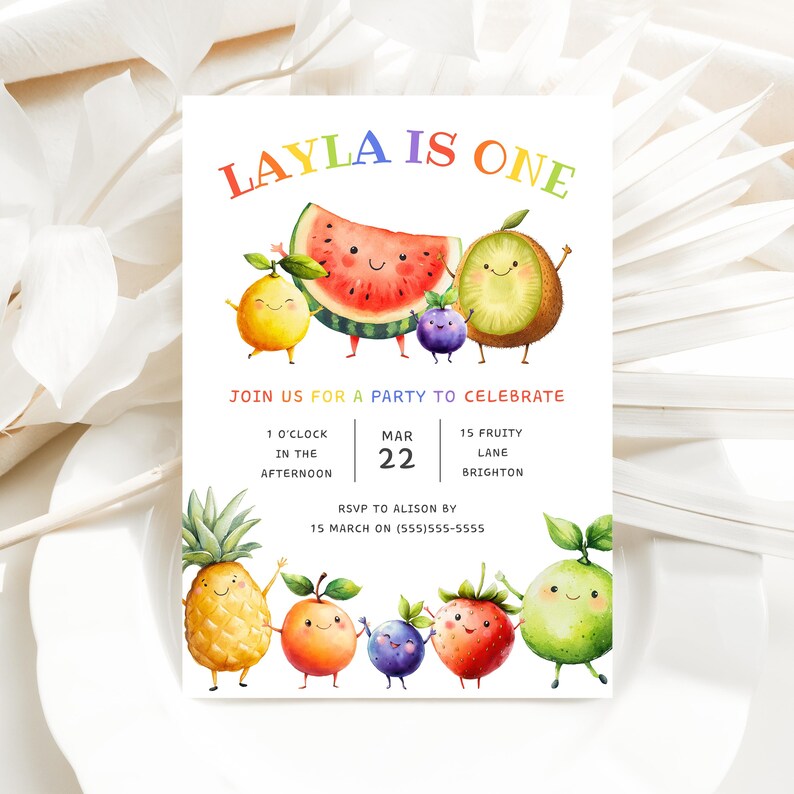 Dancing Fruit First Birthday Invitation | Cute Editable Invitation ...
