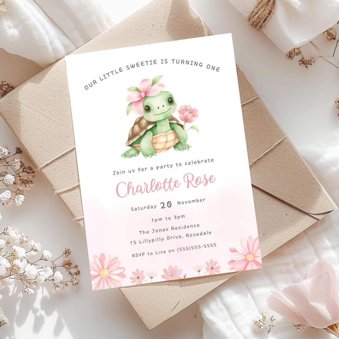 Girls 1st Birthday Turtle Invitation | Turtle Birthday Invitation ...