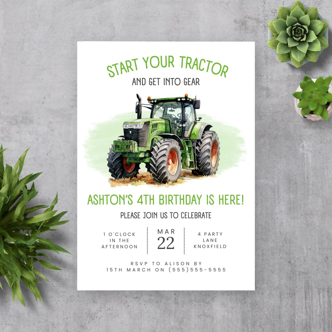 Green Tractor Birthday Invite | Farm Party Invitation Template ...