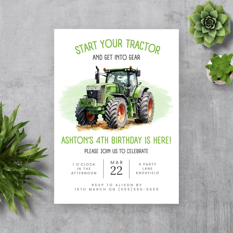 Green Tractor Birthday Invite | Farm Party Invitation Template ...