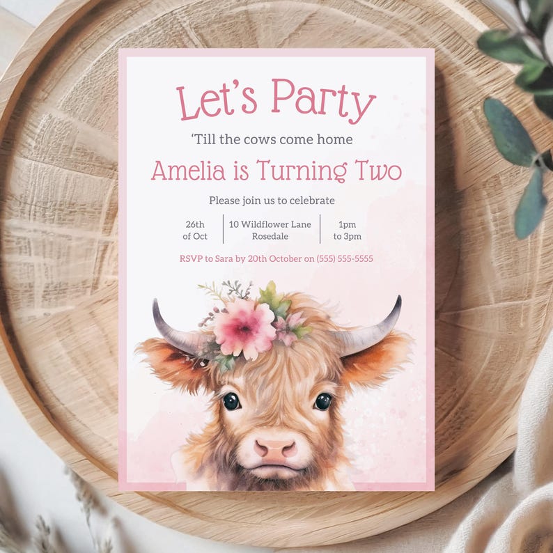 Highland Cow Birthday Invitation | Pink 2nd Birthday Invite | Editable ...