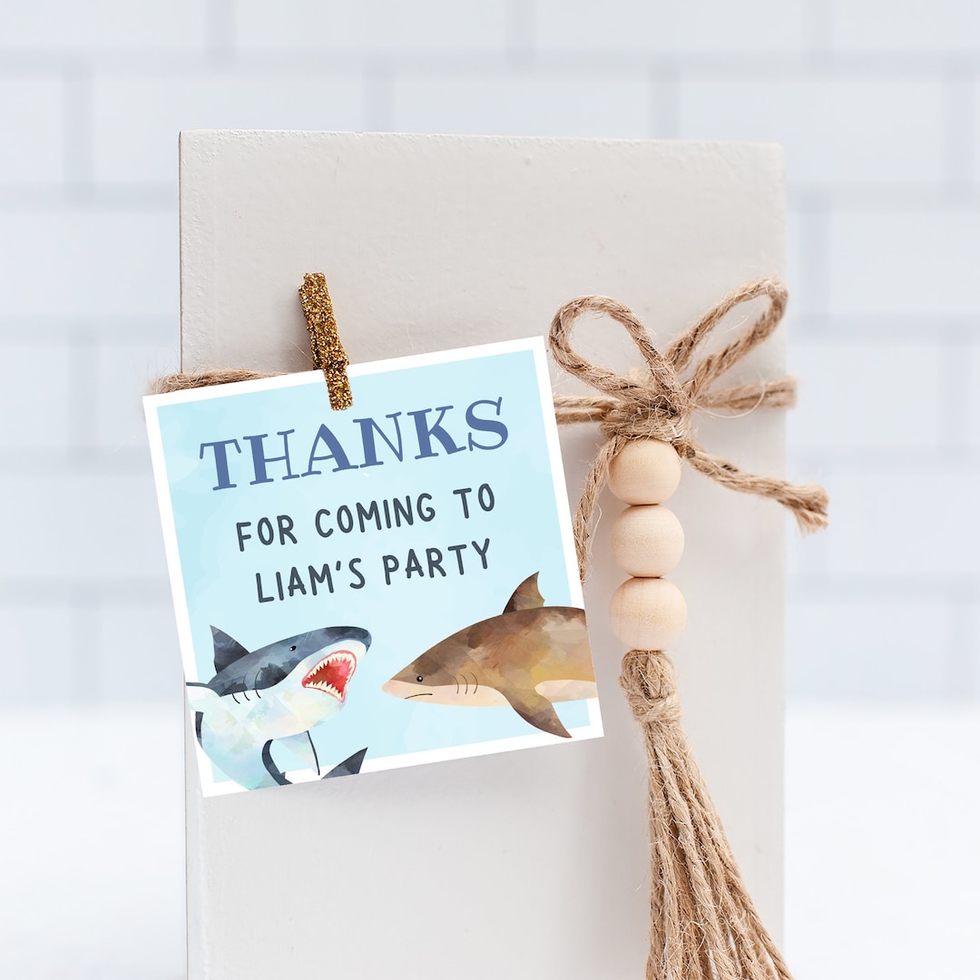 Shark Birthday Thank You Tag | Shark Party Favor Tag 2x2" | Editable ...