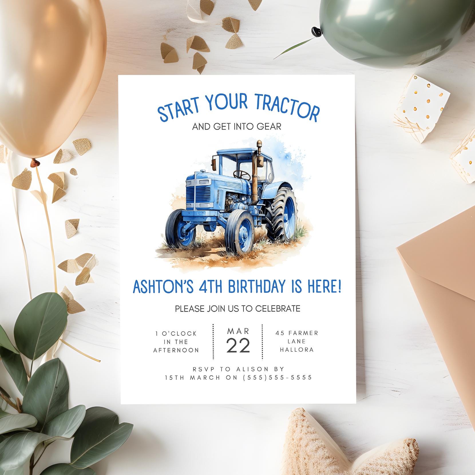 Blue Tractor Birthday Invite | Farm Party Invitation Template ...