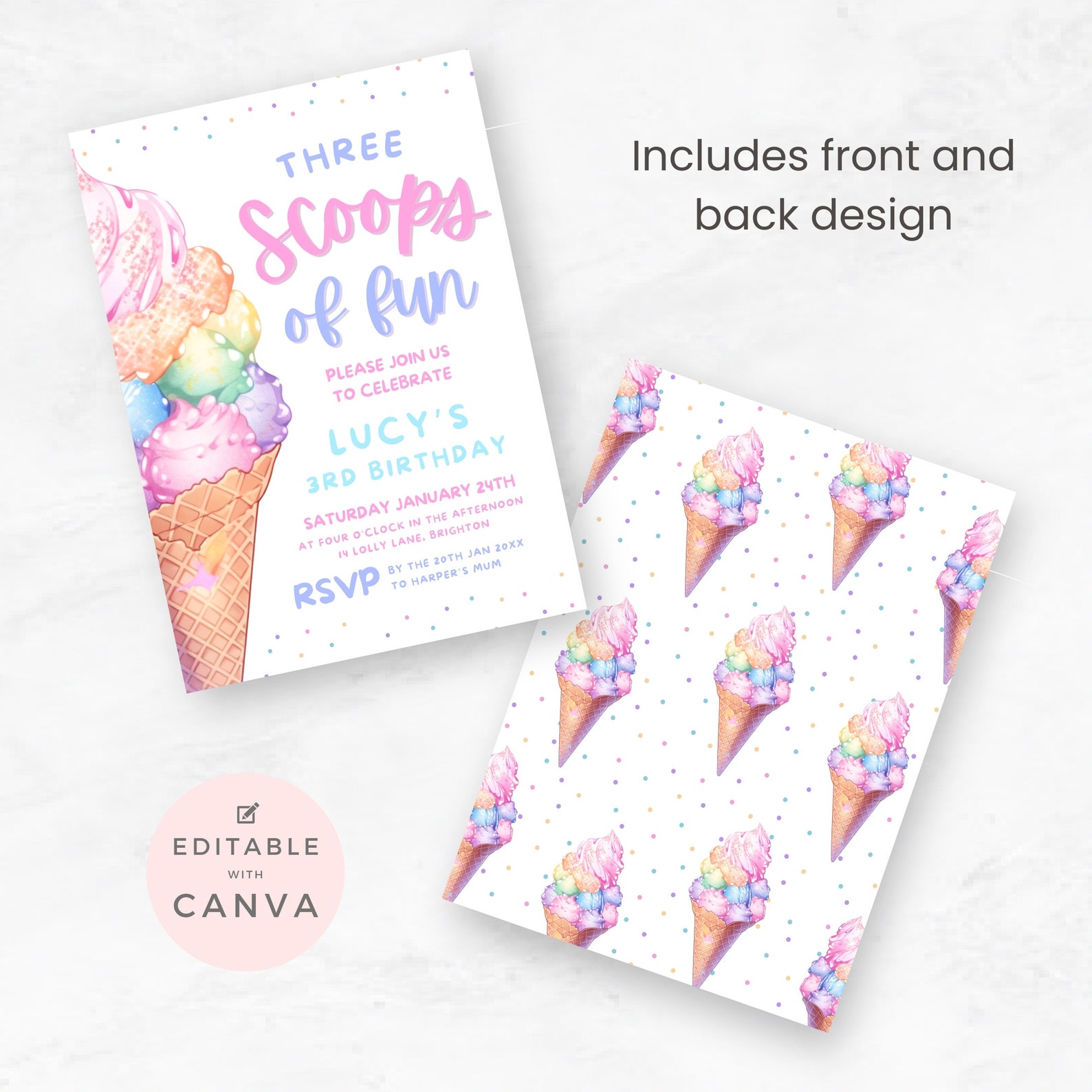 Three Scoops of Fun Birthday Invitation| Ice Cream Birthday Invite ...