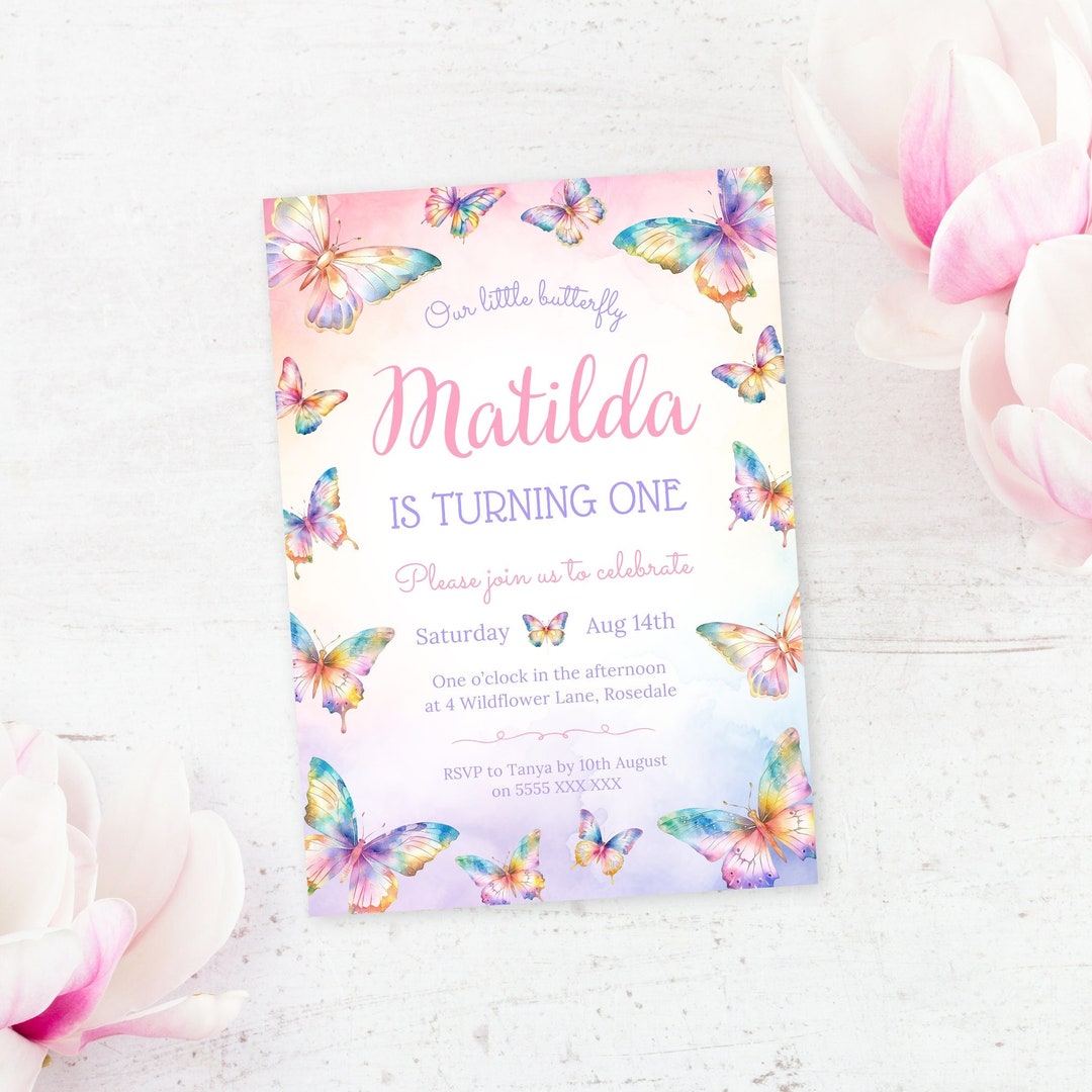 Rainbow Butterfly Birthday Invitation Template | Pastel Butterfly ...