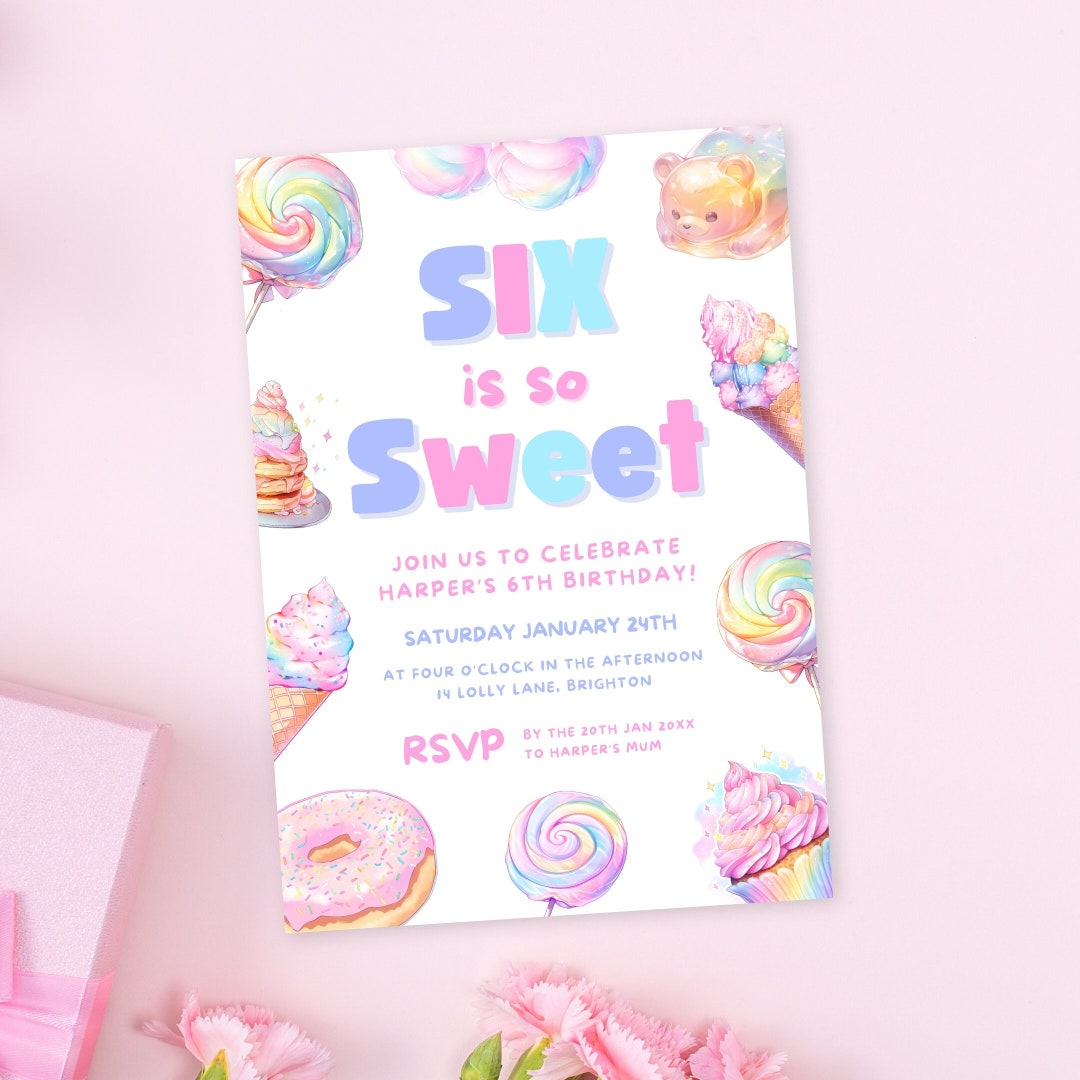 Six is so Sweet Invitation | Digital Printable| Cotton Candy Sweets ...
