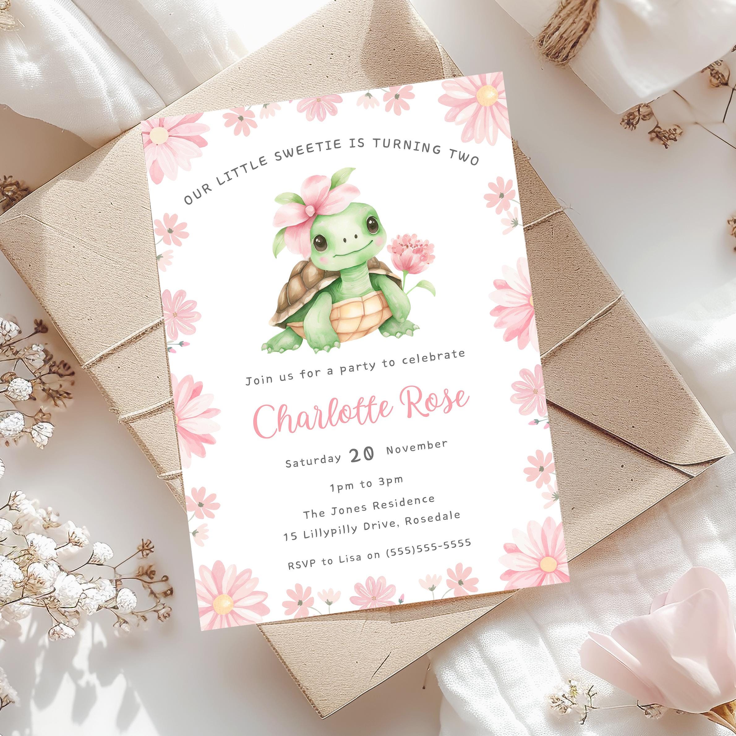 Girls 2nd Birthday Turtle Invitation | Turtle Birthday Invitation ...