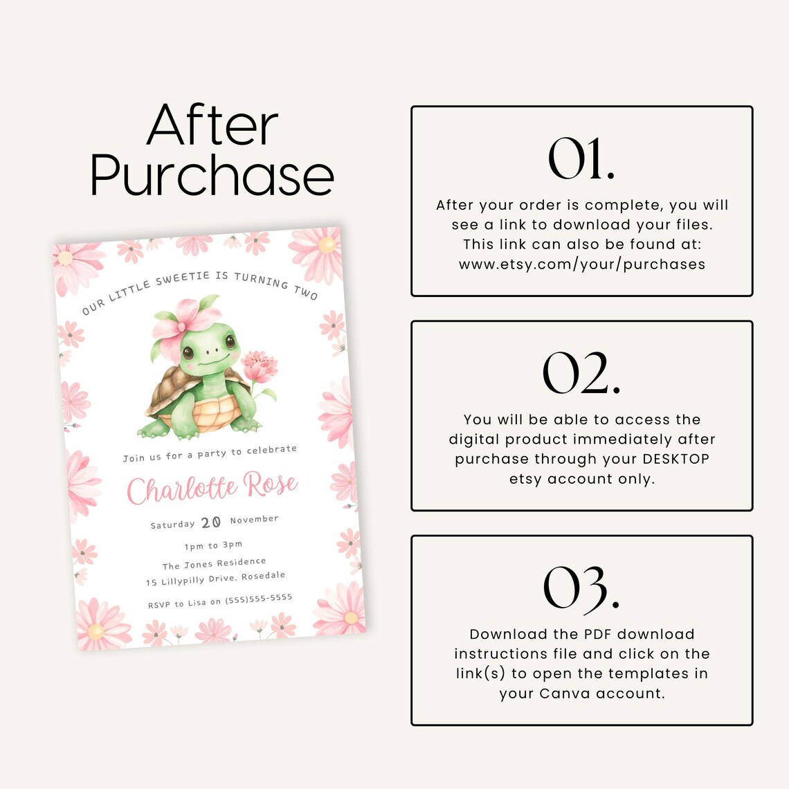 Girls 2nd Birthday Turtle Invitation | Turtle Birthday Invitation ...