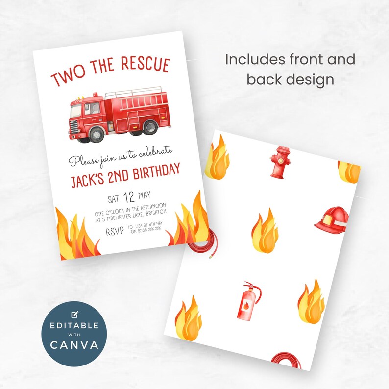 Two the Rescue Birthday Invitation | Fire Truck Invite | Editable Fire ...