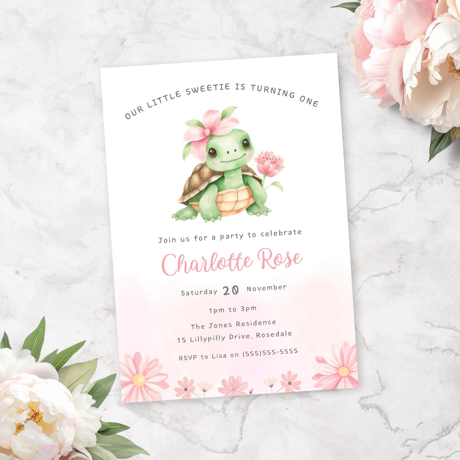 Girls 1st Birthday Turtle Invitation | Turtle Birthday Invitation ...