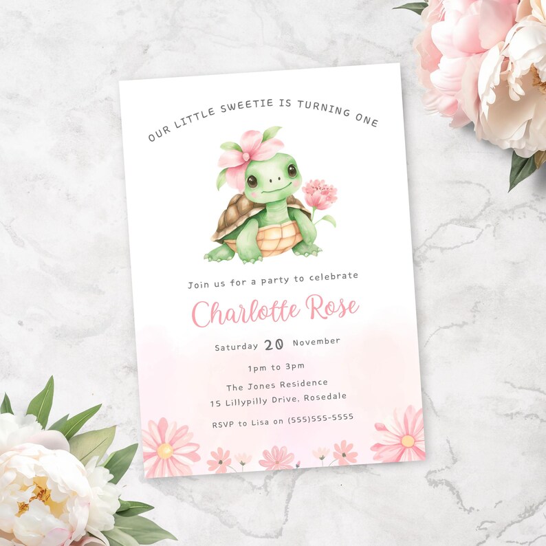 Girls 1st Birthday Turtle Invitation | Turtle Birthday Invitation ...