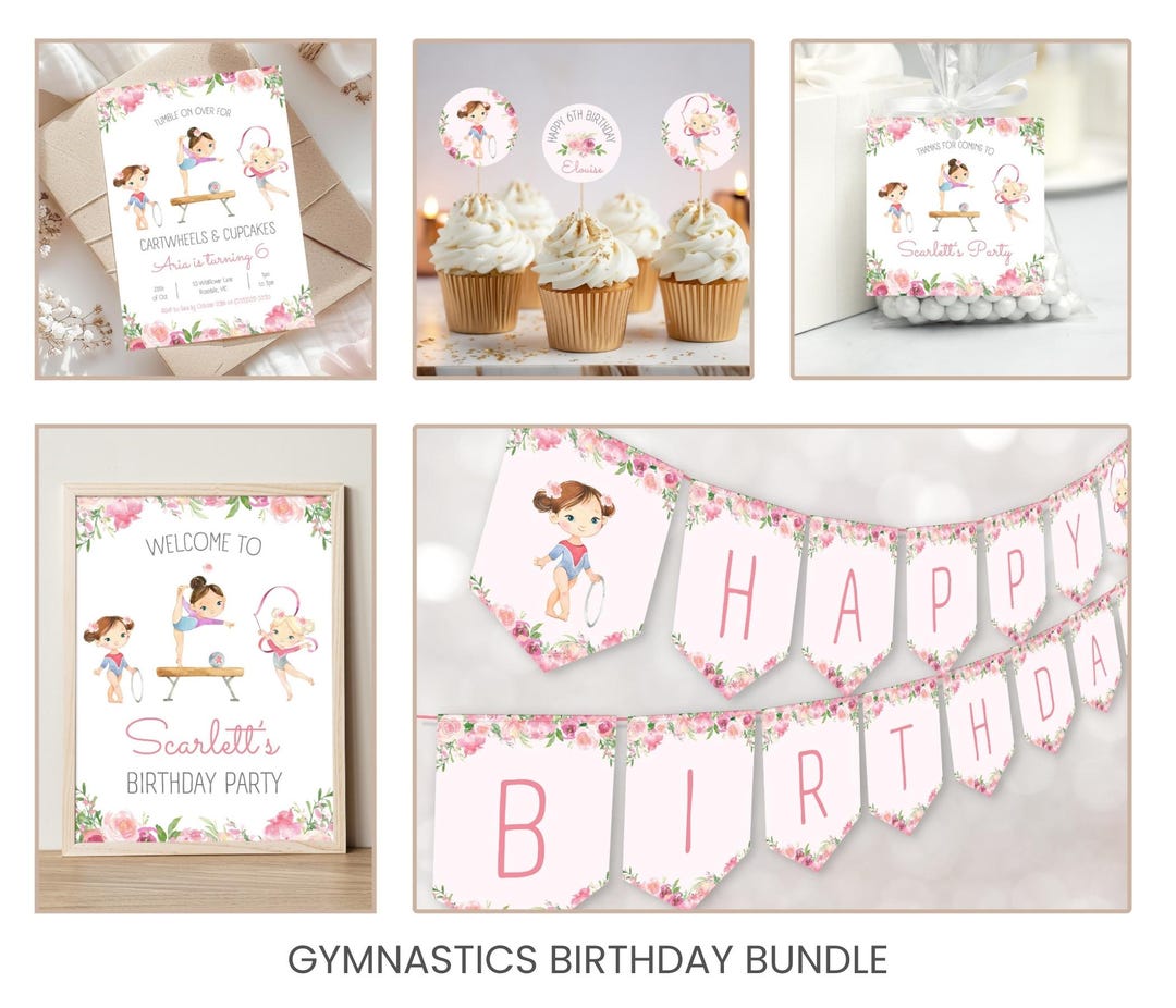 Gymnastics Birthday Bundle | Editable Gymnastics Party Decor | Girls ...