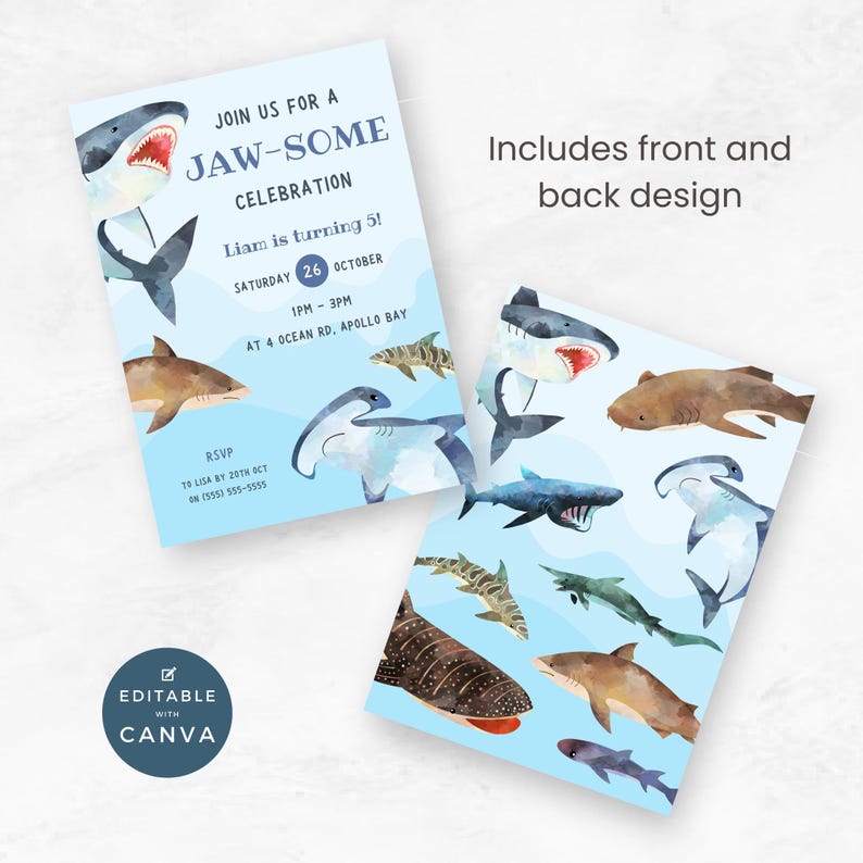 Shark 5th Birthday Invitation Boys Shark Themed Party Invite Ocean ...