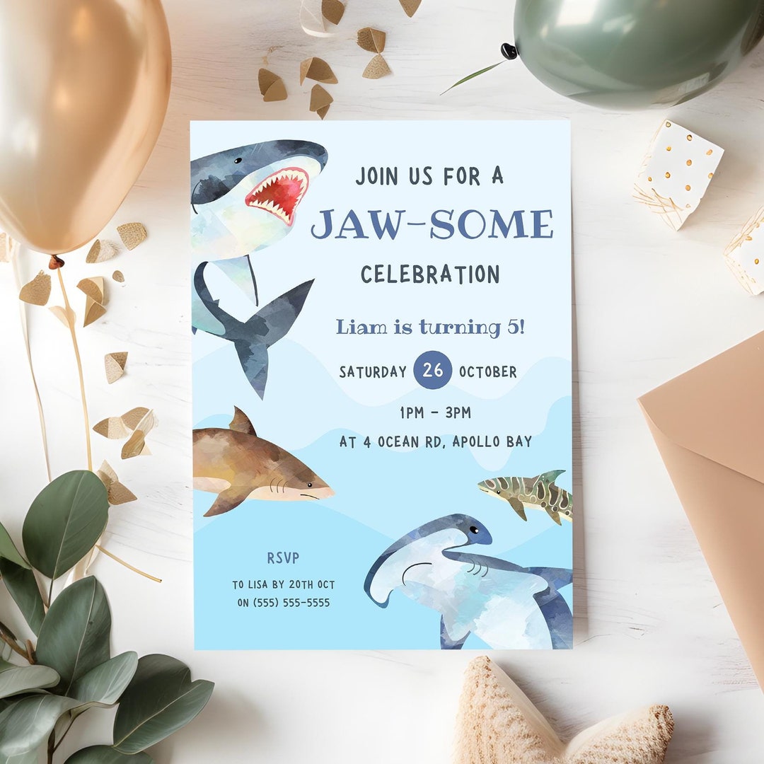 Shark 5th Birthday Invitation | Boys Shark Themed Party Invite | Ocean ...