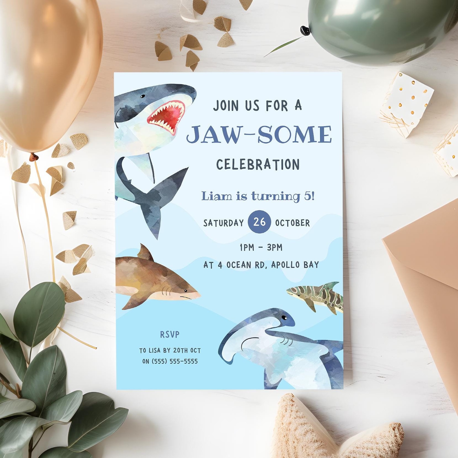 Shark 5th Birthday Invitation Boys Shark Themed Party Invite Ocean ...