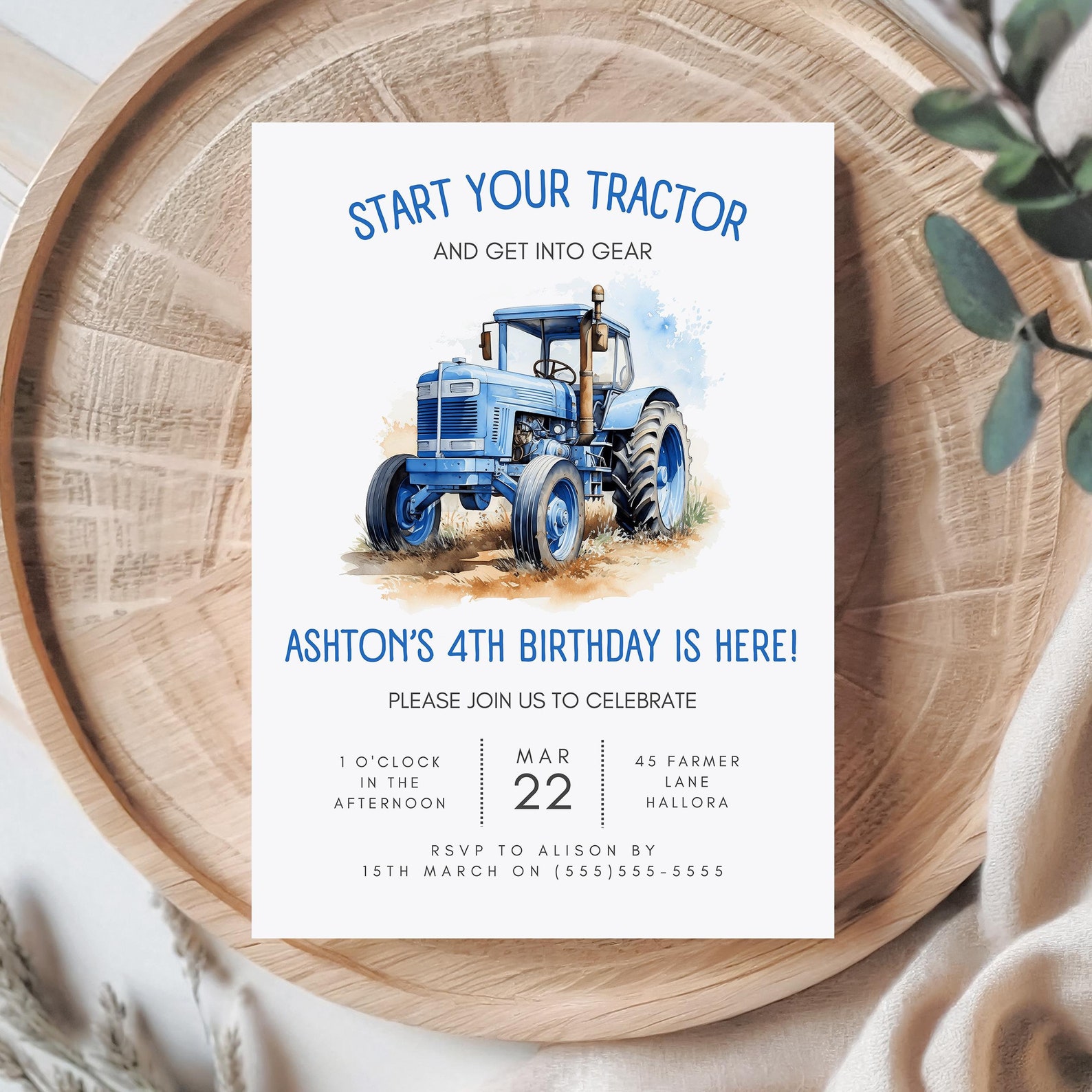 Blue Tractor Birthday Invite Farm Party Invitation Template Birthday ...