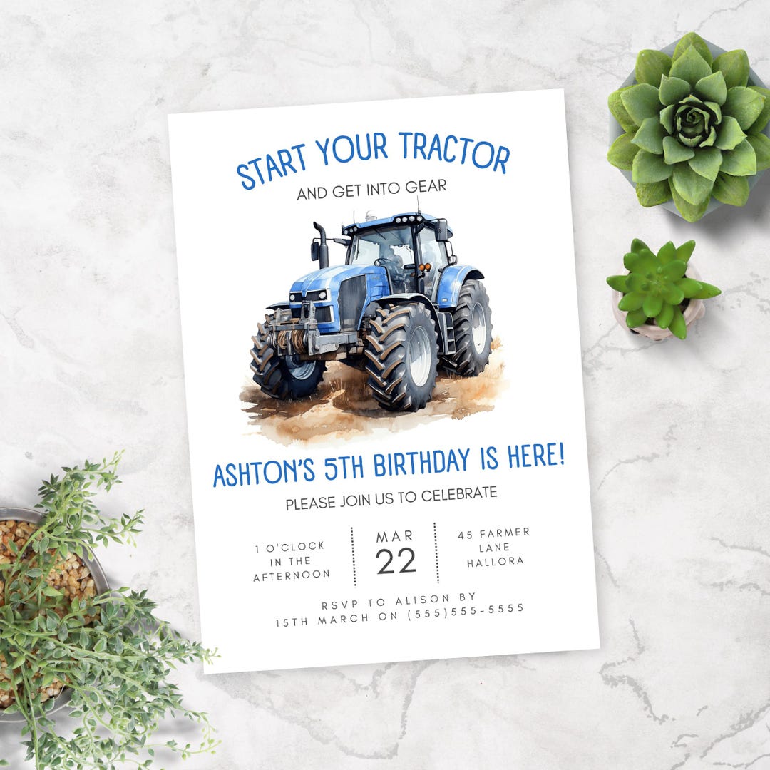Blue Tractor Birthday Invite | Farm Party Invitation Template ...