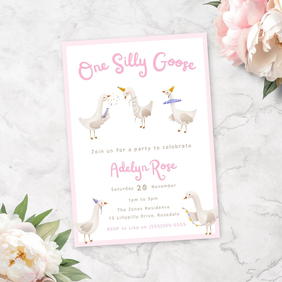 One Silly Goose Birthday Invite | Pink Girl 1st Birthday Invitation ...