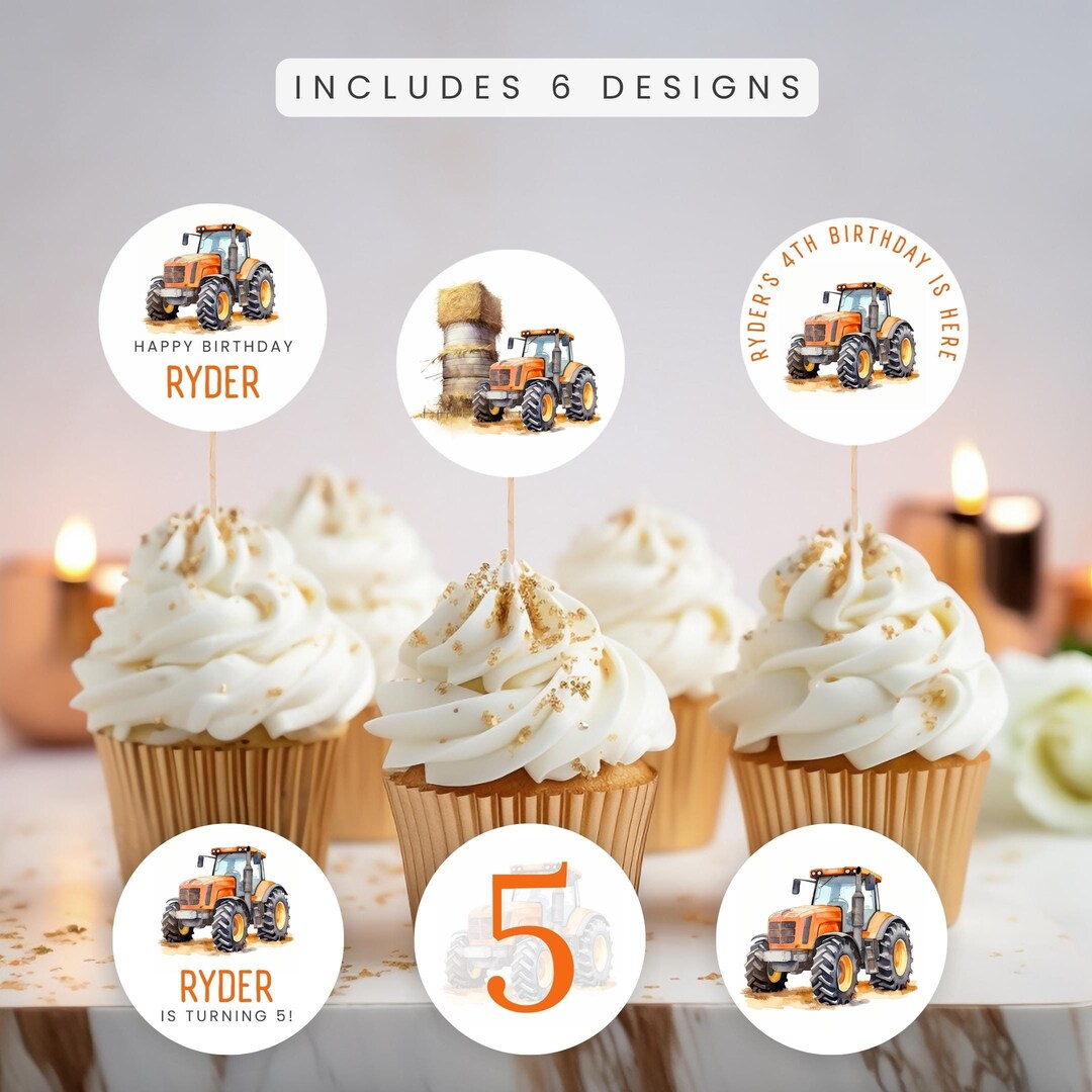 Orange Tractor Cupcake Toppers | Farm Birthday | Tractor Party | Farm ...