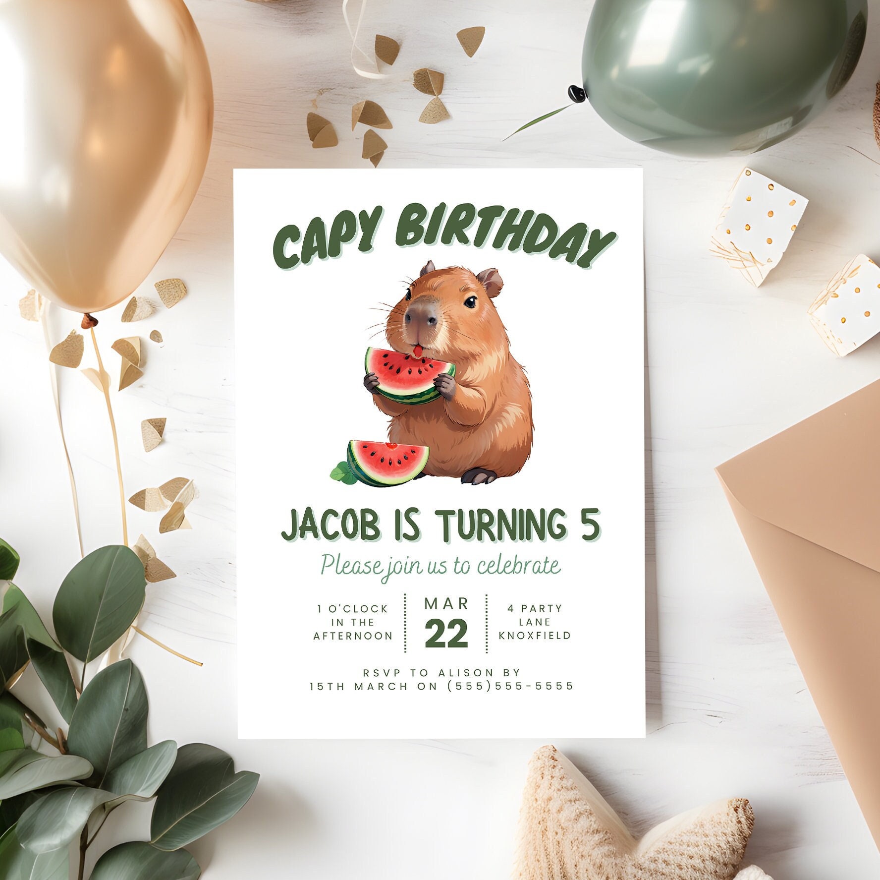 Capybara Birthday Invitation | Printable Editable Invite | Capy ...