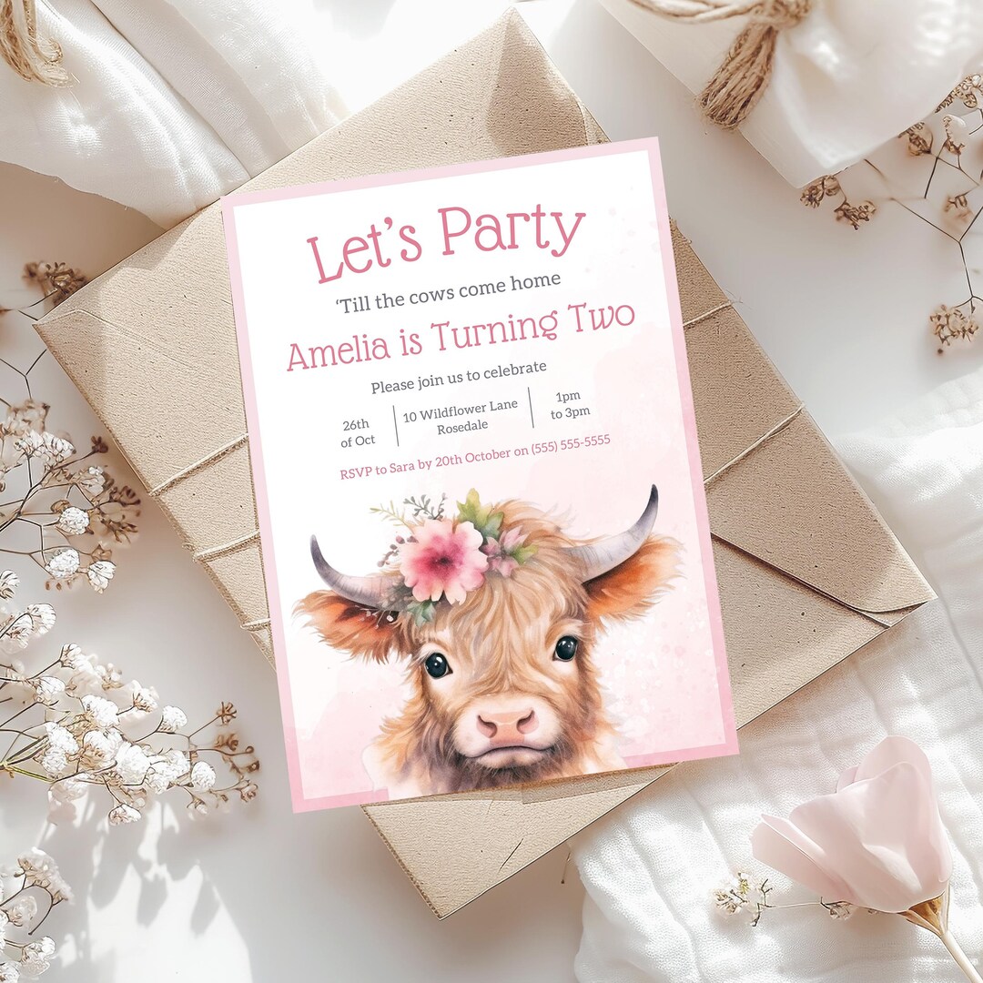 Highland Cow Birthday Invitation | Pink 2nd Birthday Invite | Editable ...