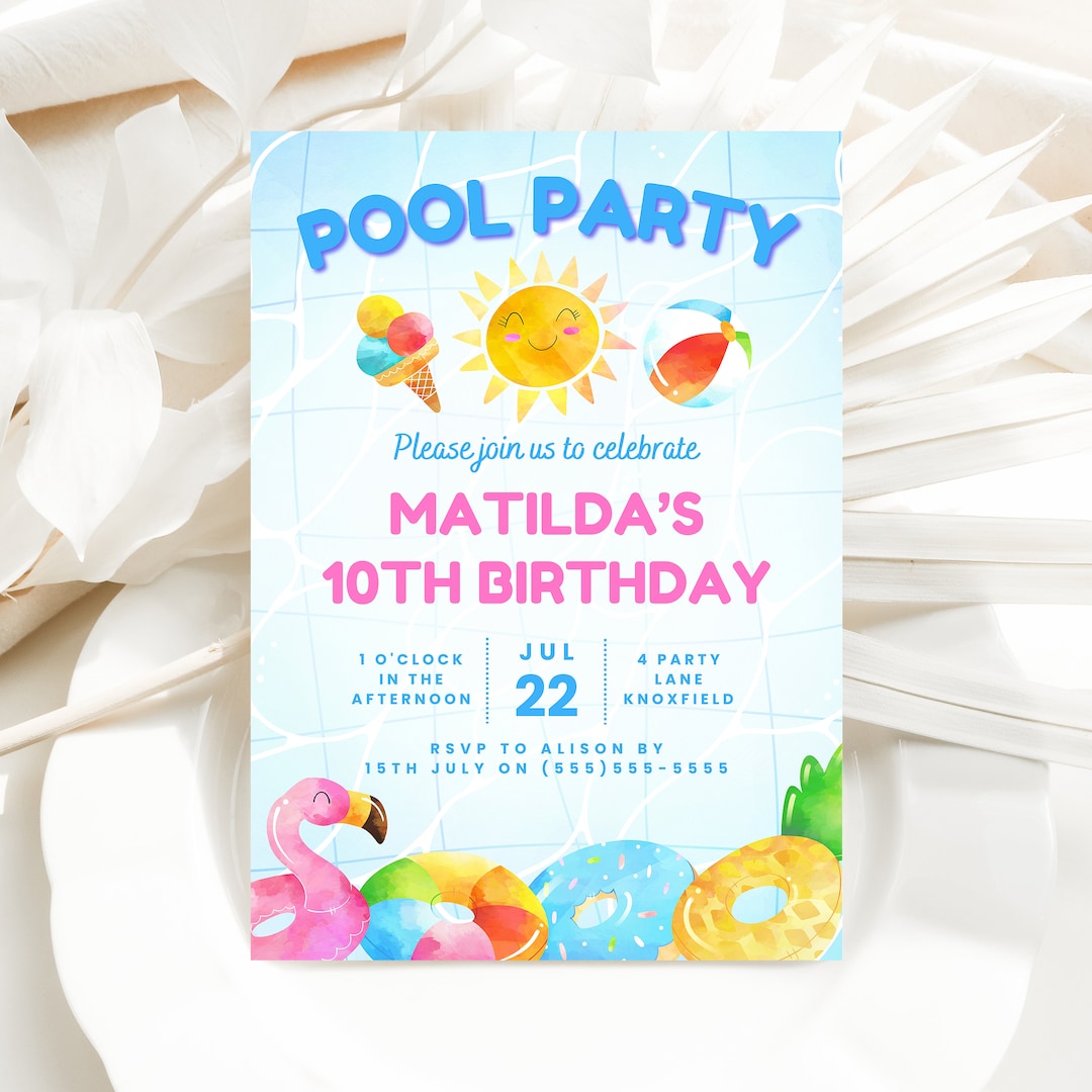 Pool Party 10th Birthday Invitation | Editable Summer Party Invite ...