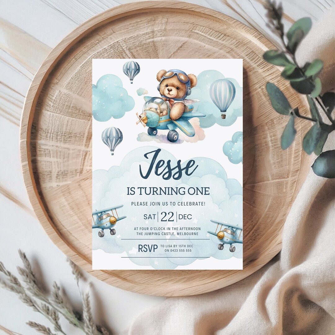 Boys Bear 1st Birthday Invitation | Teddy Bear Invite | Printable Party ...