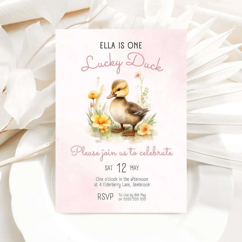 One Lucky Duck First Birthday Invite | Duck Themed Birthday Invitation ...