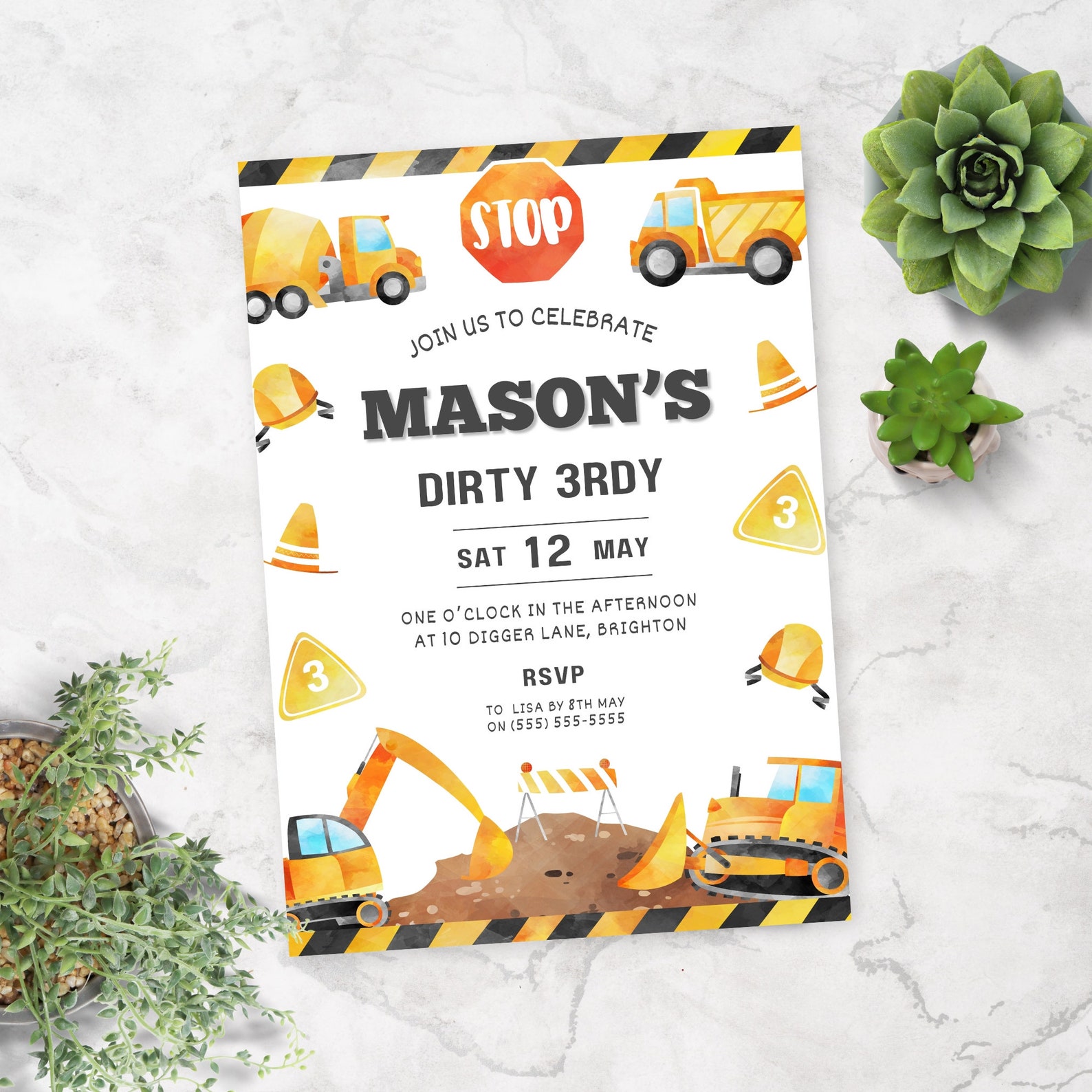 Dirty 3rdy Birthday Invitation Digger Truck Party Construction 3rd ...