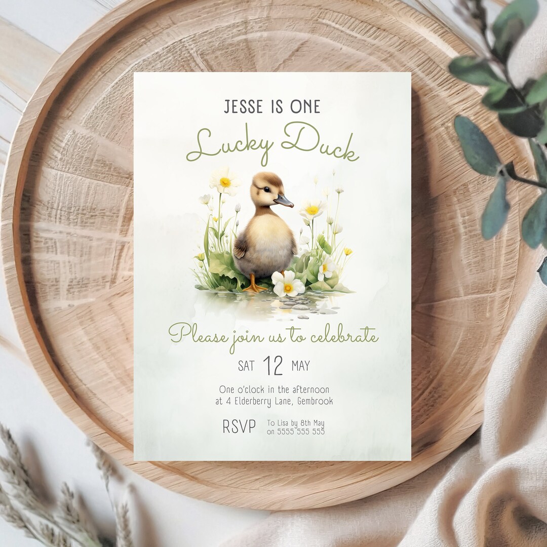 One Lucky Duck First Birthday Invite | Duck Themed Birthday Invitation ...