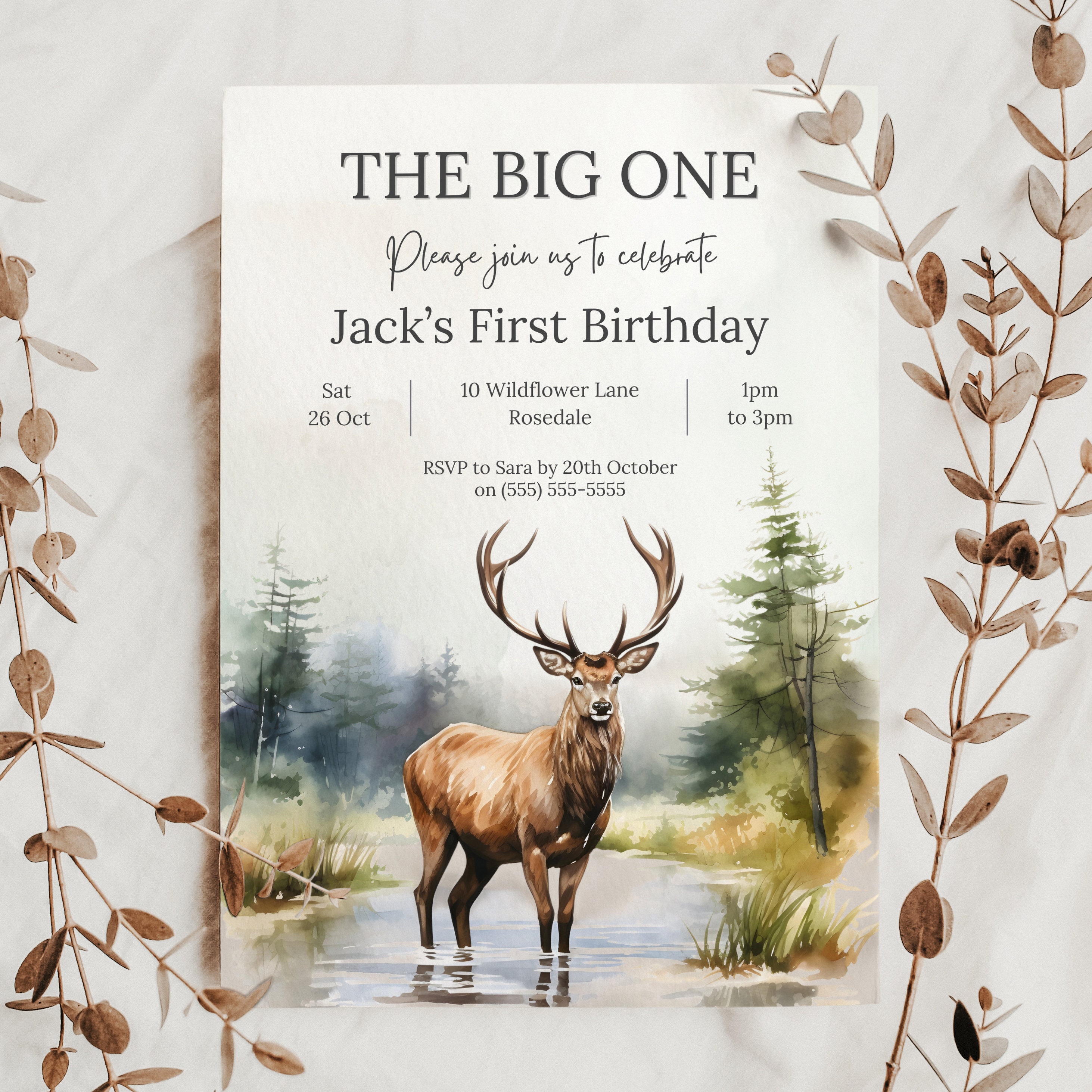 The Big One Deer Hunting First Birthday Invite Editable Hunting 1st ...
