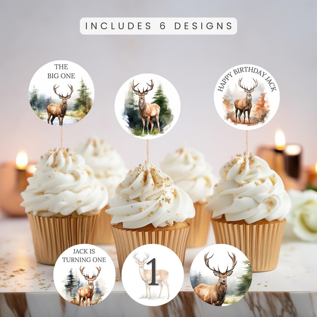 Deer Cupcake Toppers | Editable Hunting Boys 1st Birthday Cupcake ...