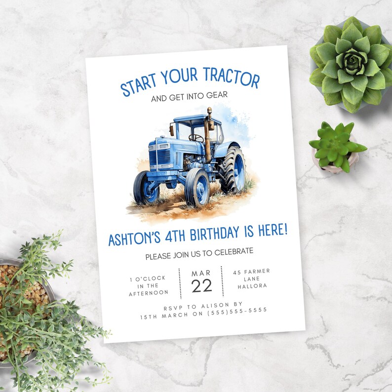Blue Tractor Birthday Invite | Farm Party Invitation Template ...