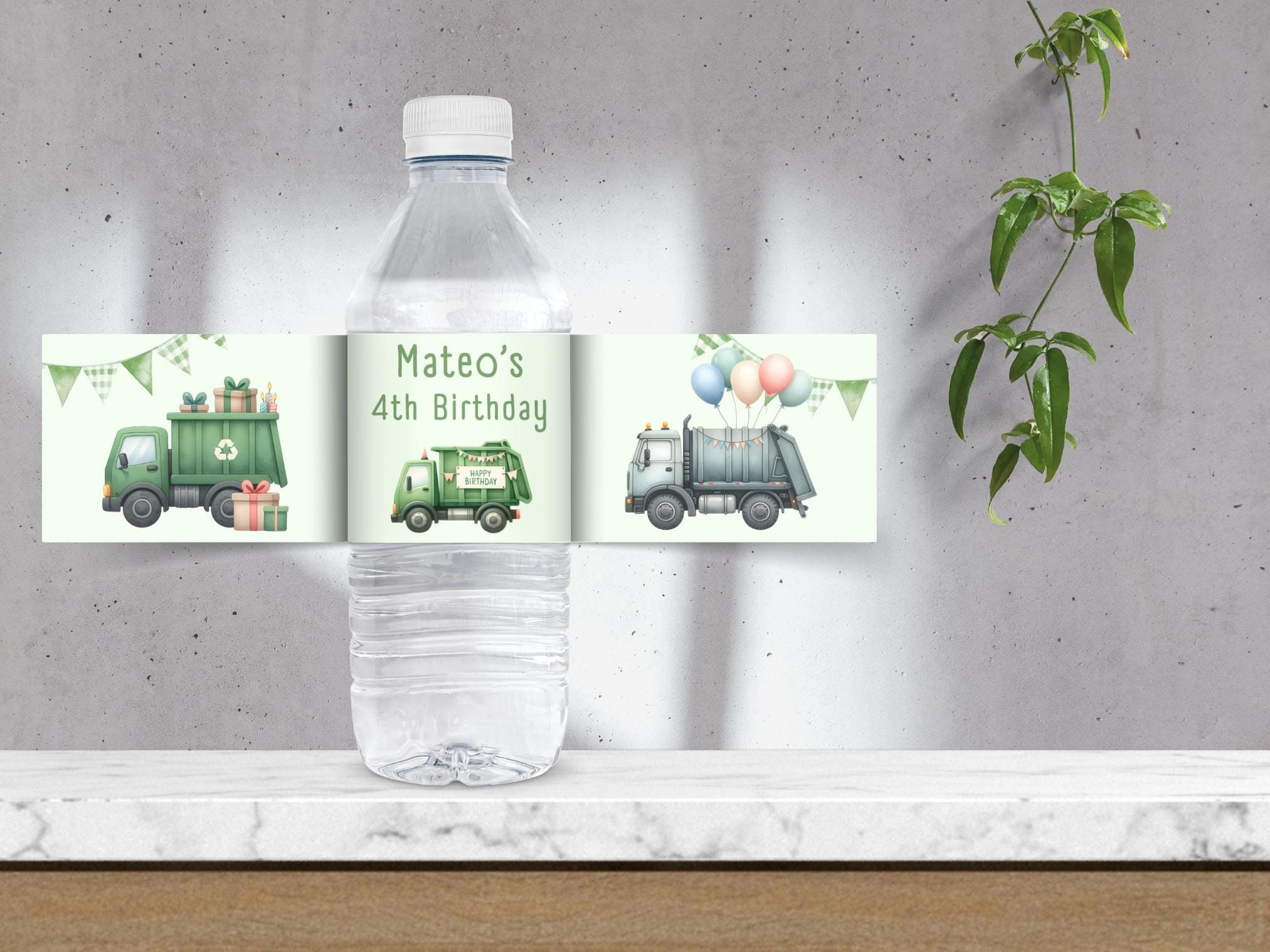Garbage Truck Water Bottle Labels 8x2" | Editable Trash Truck Party ...