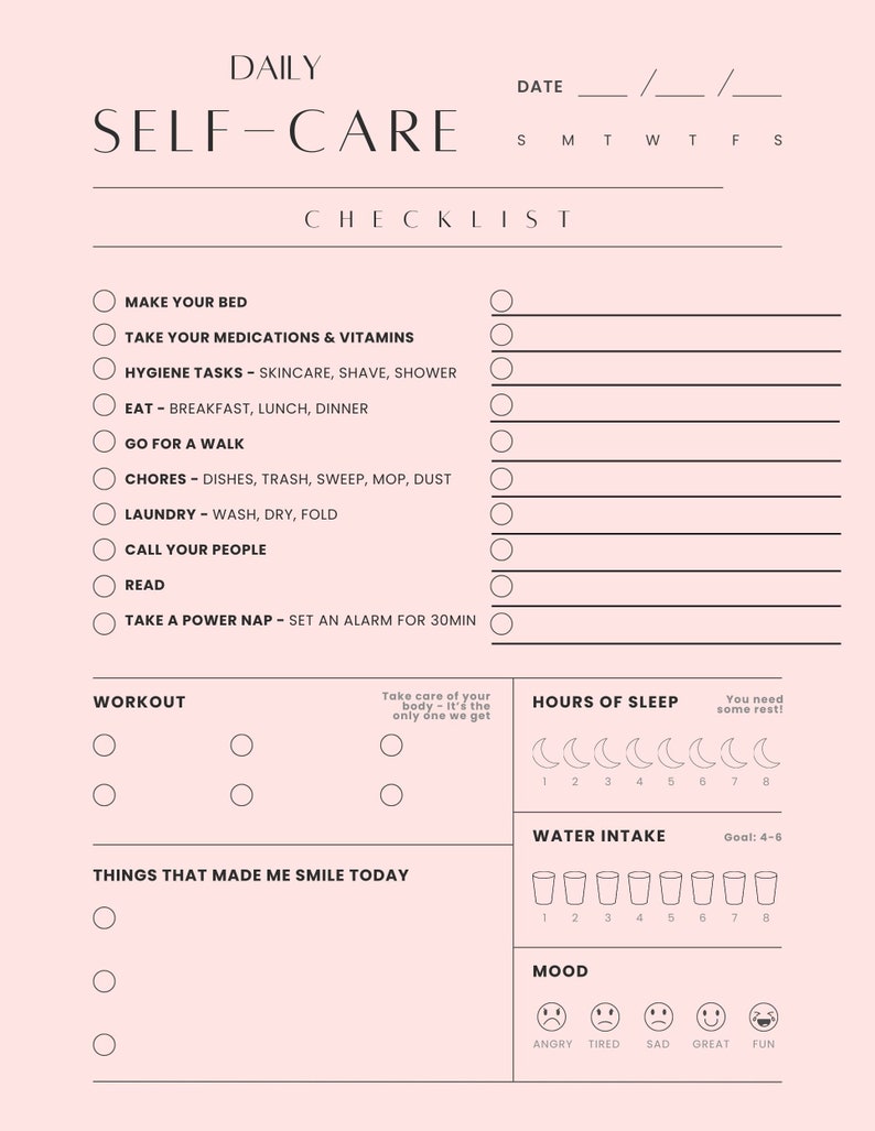 Pink Self Care Checklist Digital Self Care Accountability Checklist - Etsy