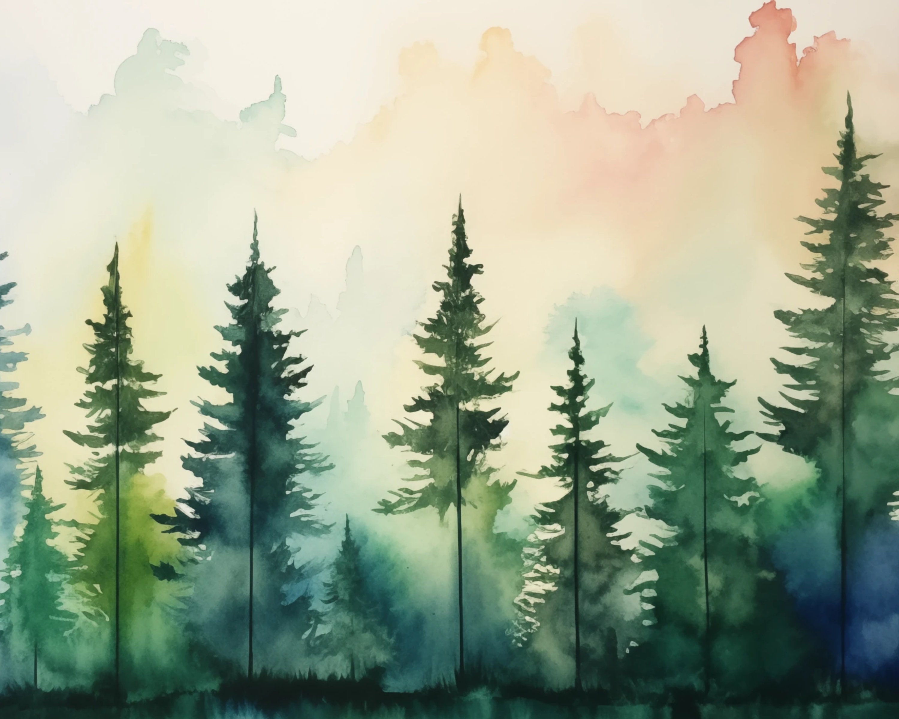 Simple Water Color Pine Tree Line, Printable Digital Art - Etsy