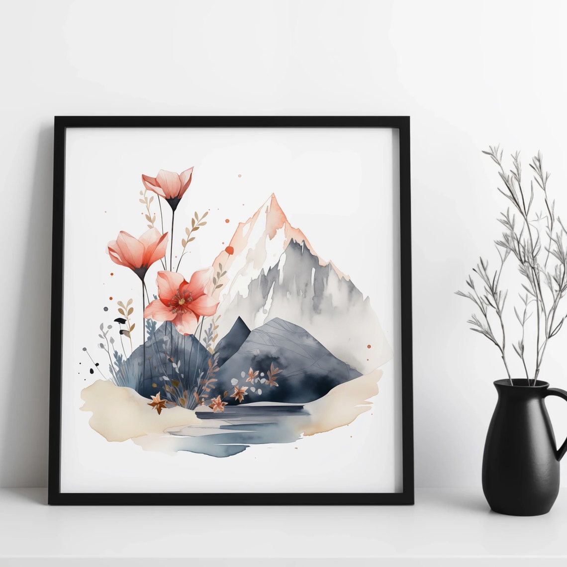 Simple Water Color Mountain With Flowers, Printable Download - Etsy