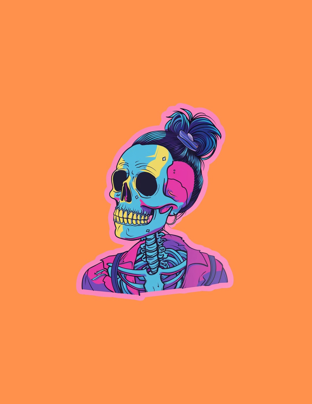 80s Style Anime Skelton With Topknot Hair Sticker - Etsy