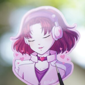 Cute Anime Pink Lo-fi Girl Relaxing Neon Hair Listing to Music With ...