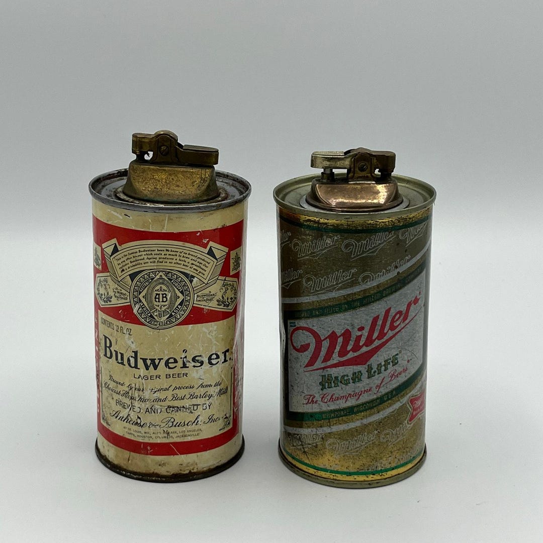 2 Vintage Beer Can Table Lighters Budweiser Miller High Life Music Box ...