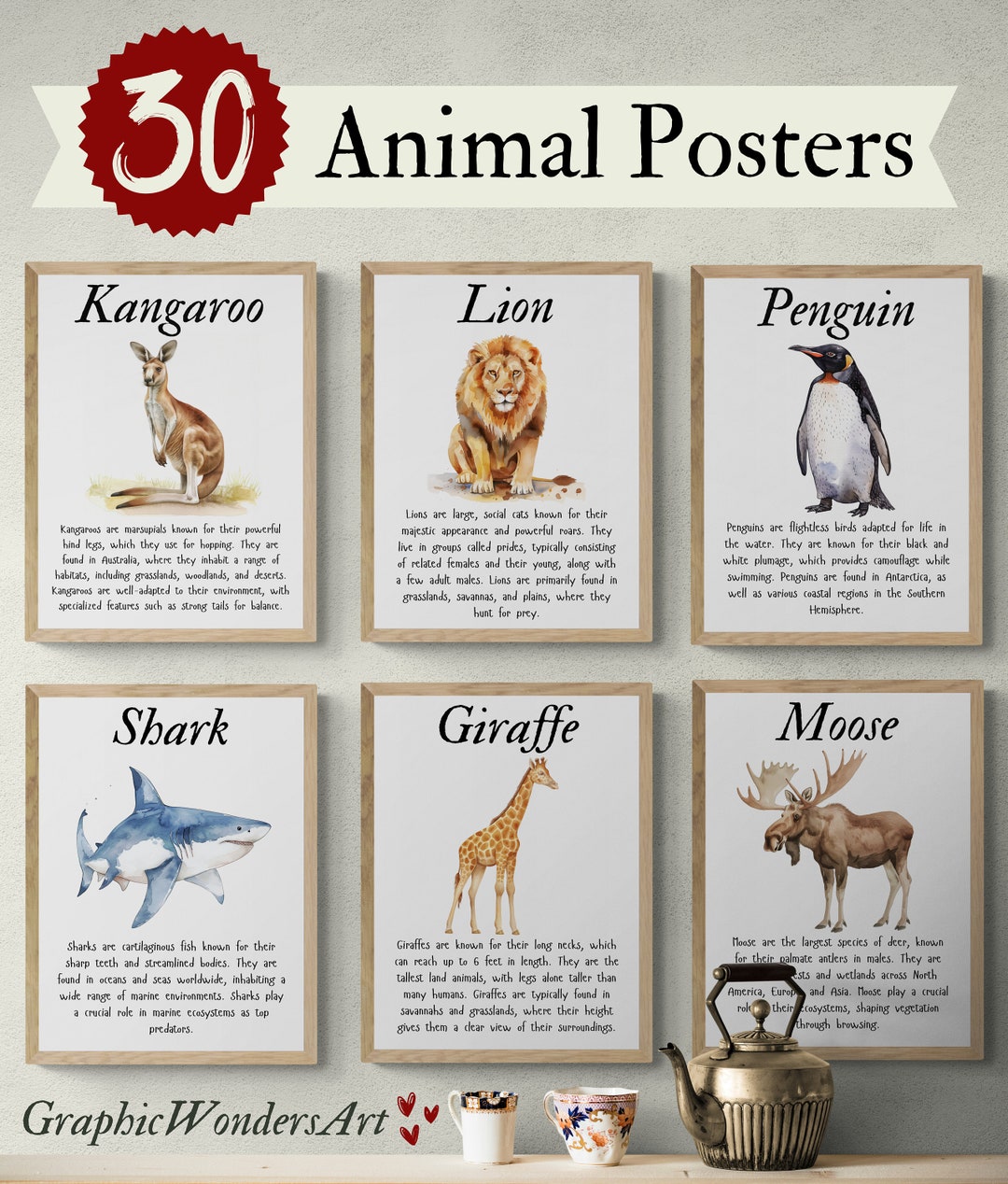30 Educational Posters, Wild Animal Drawing, Watercolor Drawing ...