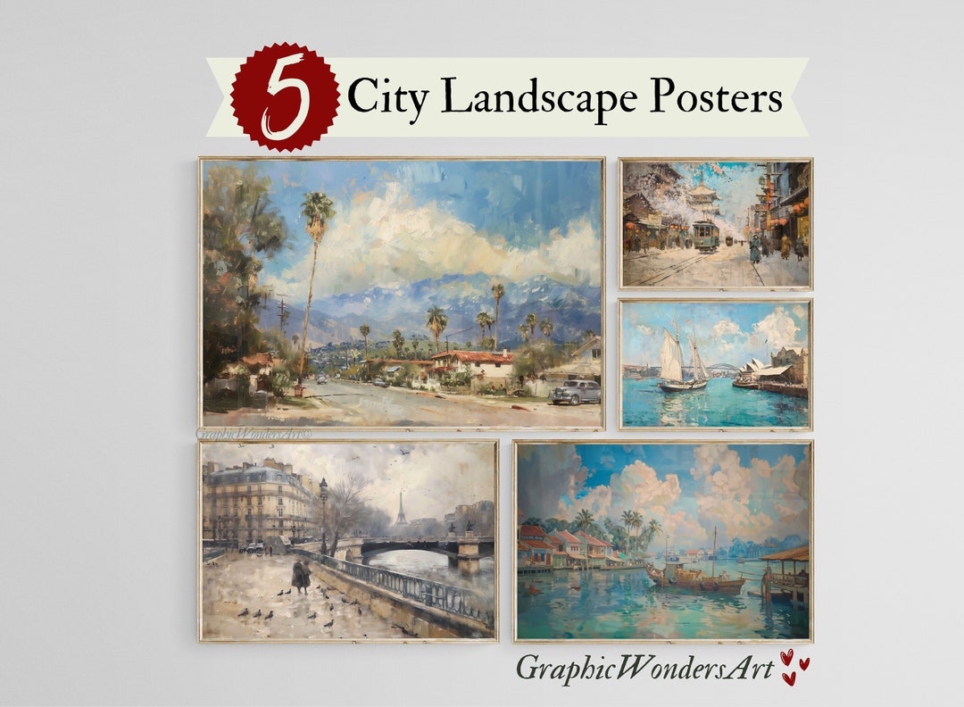5 City Landscape Posters, Digital Art, Travelart, Vintage Travel Poster ...