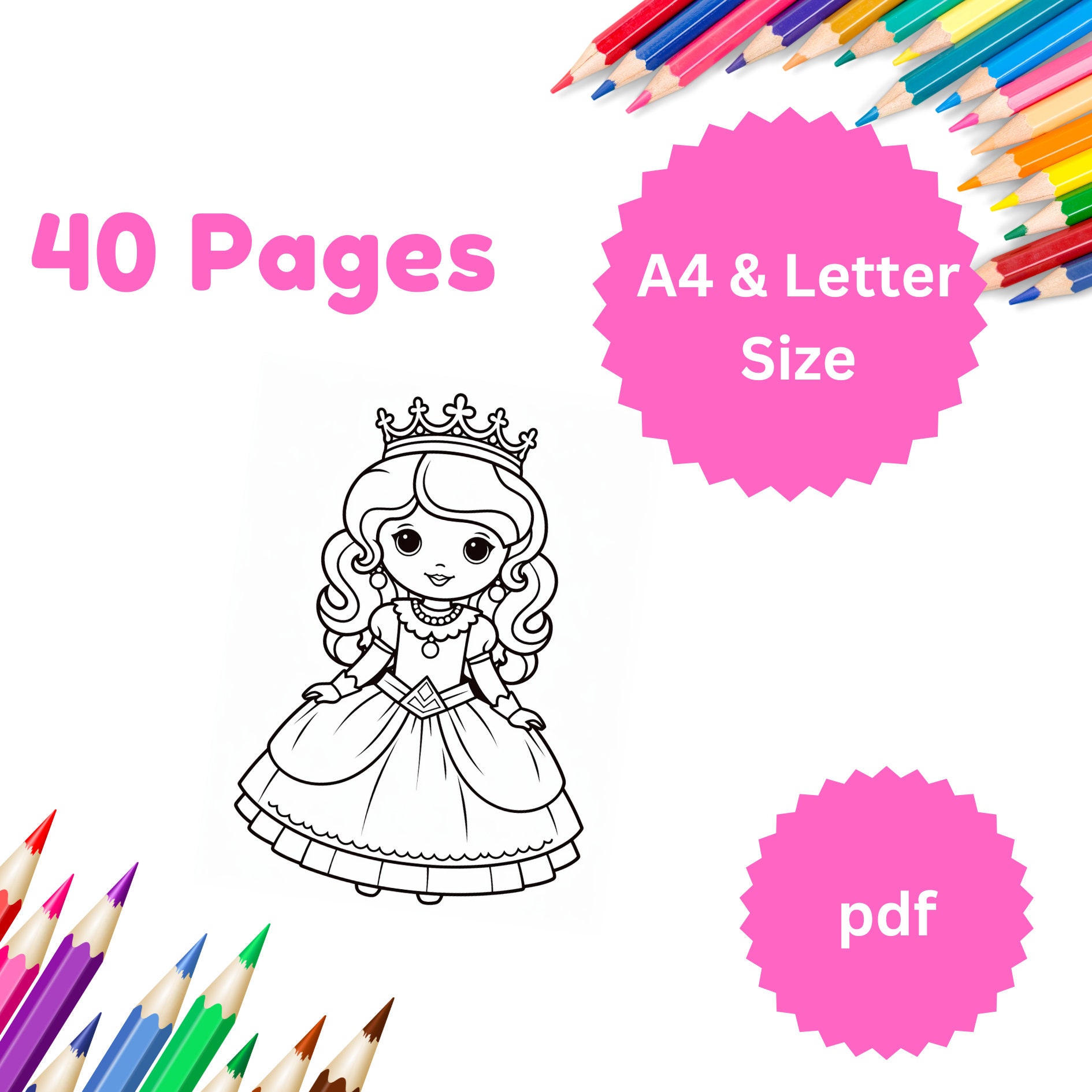 40 Kawaii Princess Coloring Pages for Kids - Etsy