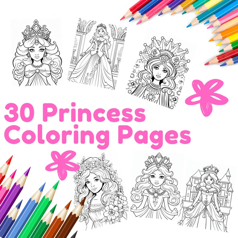 Cute Princess Coloring Pages for Kids, 30 Printable Designs (digital ...